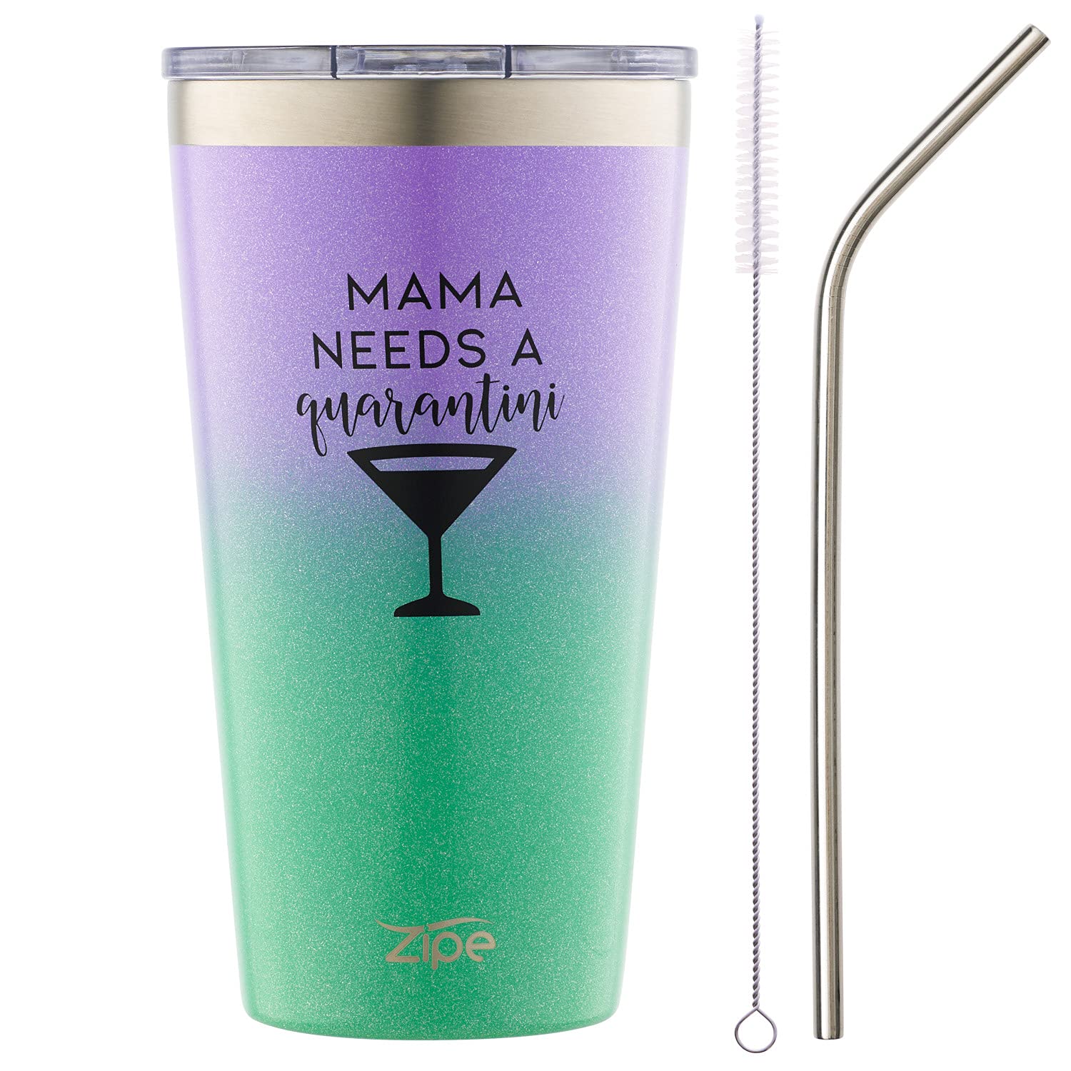 Zipe 16 oz Stainless Steel Vacuum Insulated Tumbler - Mama Needs A Quarantini Tumbler with Lid, Steel Straws & Brush - Travel Coffee Mug, Stainless Steel Water Bottle for Cold Drinks & Hot Beverages