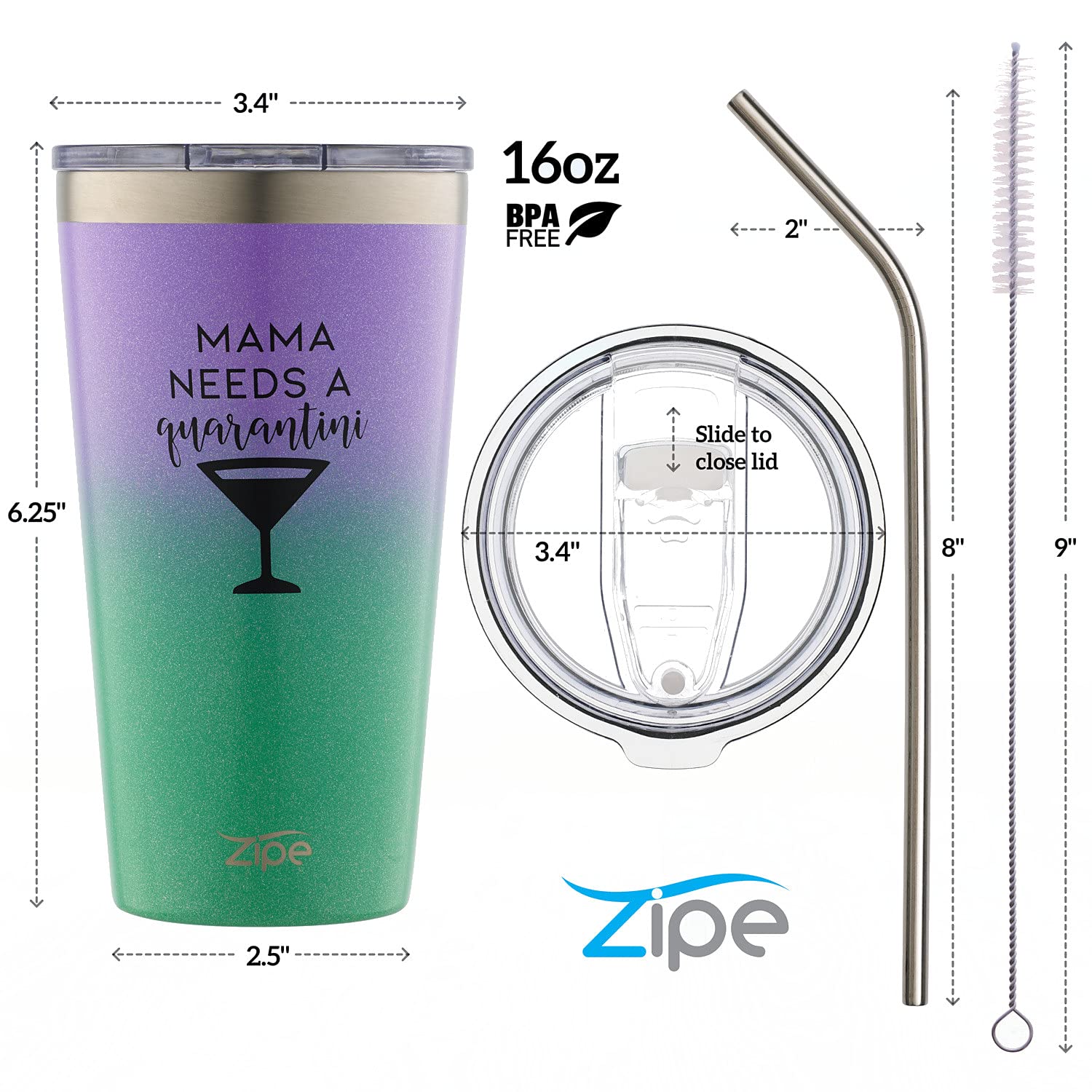 Zipe 16 oz Stainless Steel Vacuum Insulated Tumbler - Mama Needs A Quarantini Tumbler with Lid, Steel Straws & Brush - Travel Coffee Mug, Stainless Steel Water Bottle for Cold Drinks & Hot Beverages