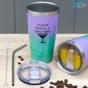 Zipe 16 oz Stainless Steel Vacuum Insulated Tumbler - Mama Needs A Quarantini Tumbler with Lid, Steel Straws & Brush - Travel Coffee Mug, Stainless Steel Water Bottle for Cold Drinks & Hot Beverages