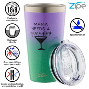 Zipe 16 oz Stainless Steel Vacuum Insulated Tumbler - Mama Needs A Quarantini Tumbler with Lid, Steel Straws & Brush - Travel Coffee Mug, Stainless Steel Water Bottle for Cold Drinks & Hot Beverages