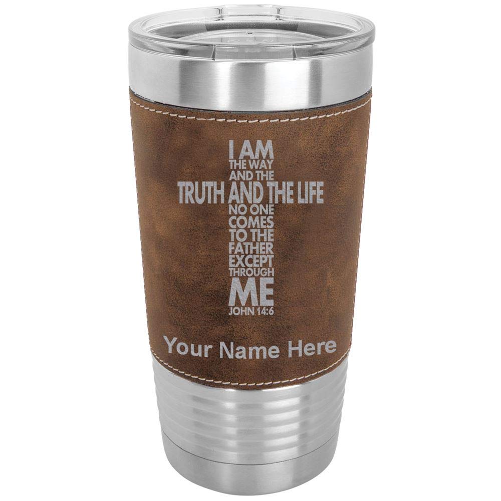 LaserGram 20oz Vacuum Insulated Tumbler Mug, Bible Verse John 14-6, Personalized Engraving Included (Faux Leather, Rustic)