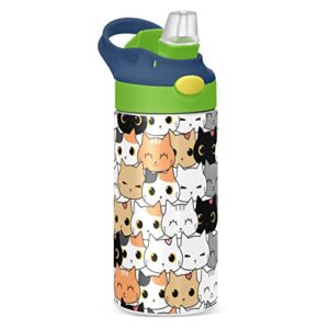 mchiver cute cat kitten cartoon kids water bottle with straw insulated stainless steel kids water bottle thermos for school girls boys reusable tumbler 12 oz / 350 ml green top