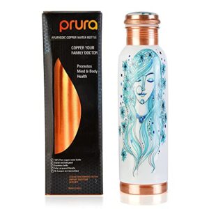 prura pure printed copper water bottle - leak proof ayurvedic drinkware copper vessel for sports, gym, outdoors, yoga, health benefits (30 oz)