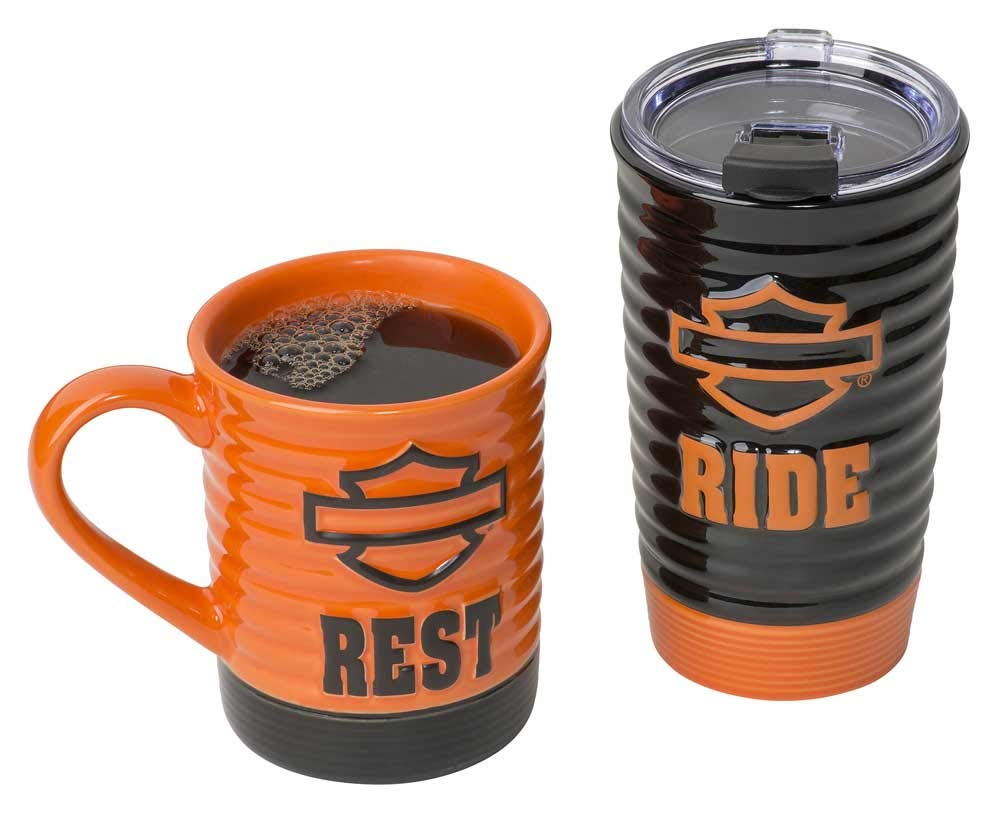 Harley-Davidson Ride & Rest Travel/Coffee Ceramic Mug Set, Black & Orange