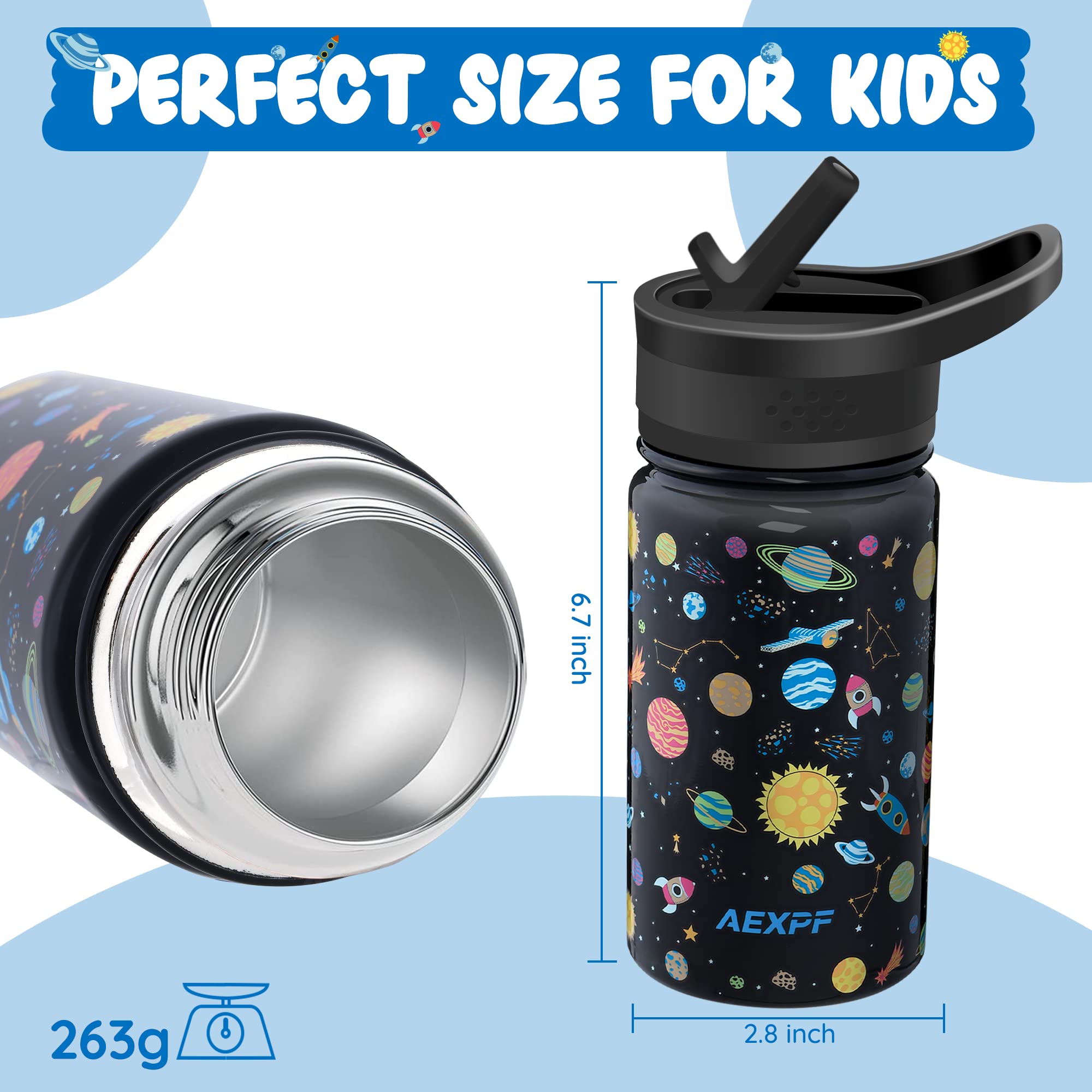 AEXPF Insulated Kids Water Bottle with Sleeve, 14 oz Double Wall Vacuum Stainless Steel Leakproof Thermos Water Bottle, Rainbow Pattern and Planet Pattern