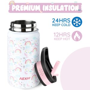 AEXPF Insulated Kids Water Bottle with Sleeve, 14 oz Double Wall Vacuum Stainless Steel Leakproof Thermos Water Bottle, Rainbow Pattern and Planet Pattern