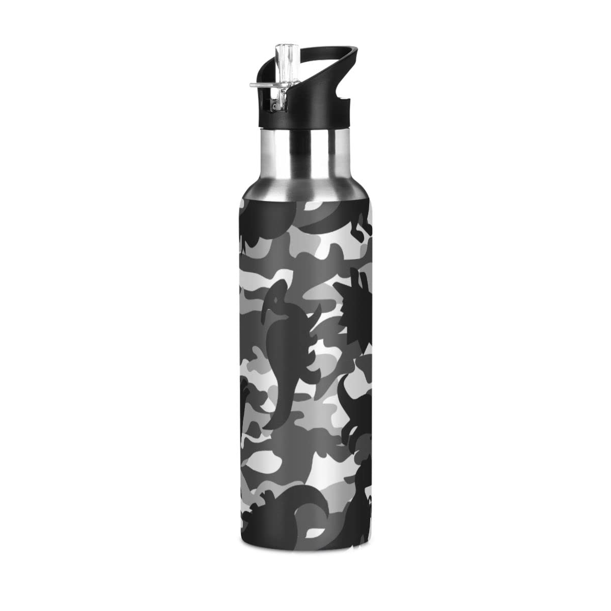 Black Camouflage and Dinosaurs Insulated Water Bottle with Straw, Stainless Steel BPA Free Water Flask Gym Sport, 20 oz Hot Cold