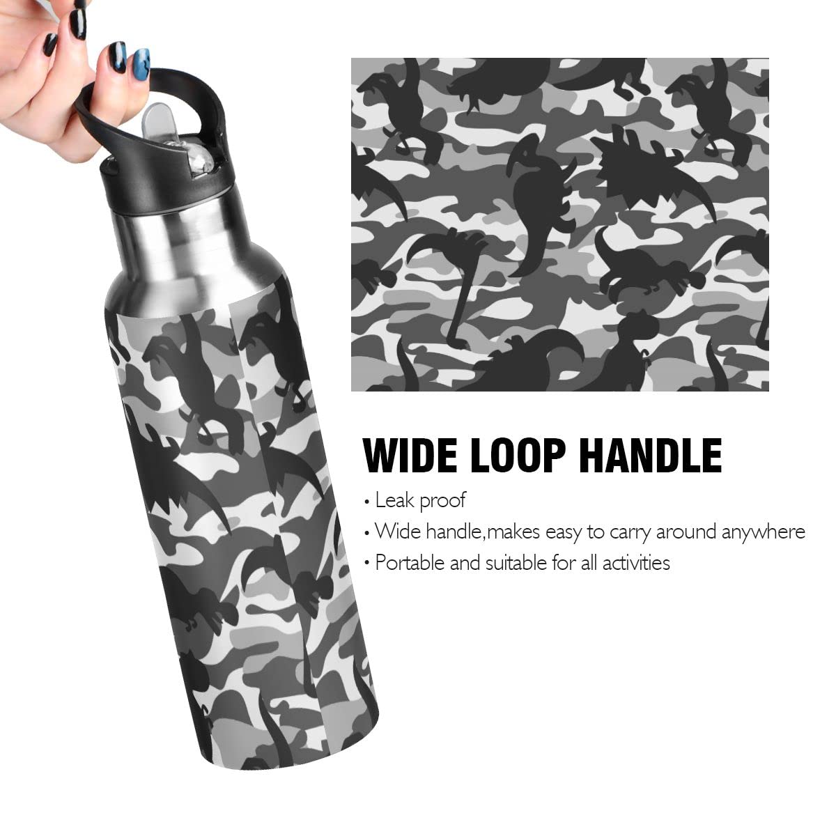 Black Camouflage and Dinosaurs Insulated Water Bottle with Straw, Stainless Steel BPA Free Water Flask Gym Sport, 20 oz Hot Cold