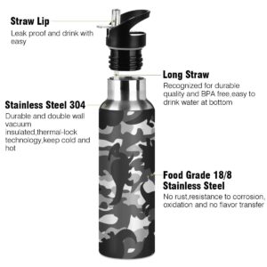 Black Camouflage and Dinosaurs Insulated Water Bottle with Straw, Stainless Steel BPA Free Water Flask Gym Sport, 20 oz Hot Cold