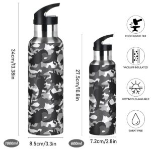 Black Camouflage and Dinosaurs Insulated Water Bottle with Straw, Stainless Steel BPA Free Water Flask Gym Sport, 20 oz Hot Cold