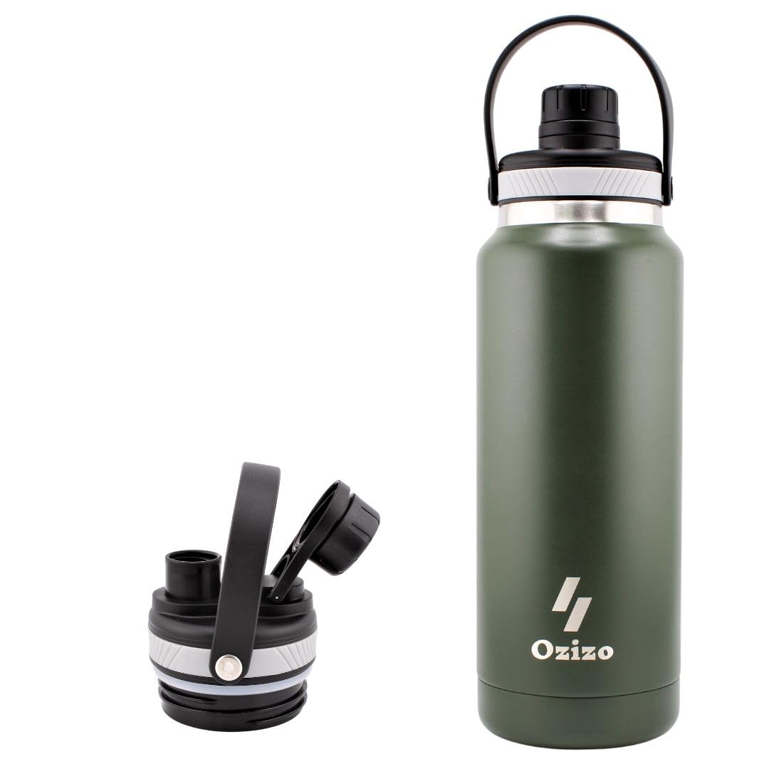 Water Bottle Thermos, 34 oz Flip Top Leakproof Lid, Ozizo Insulated Stainless Steel Water Bottle