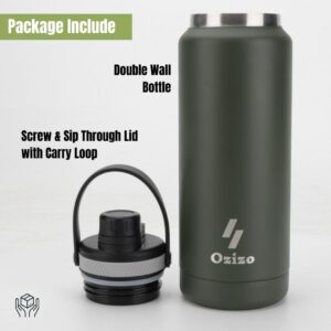 Water Bottle Thermos, 34 oz Flip Top Leakproof Lid, Ozizo Insulated Stainless Steel Water Bottle