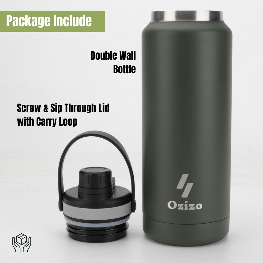 Water Bottle Thermos, 34 oz Flip Top Leakproof Lid, Ozizo Insulated Stainless Steel Water Bottle