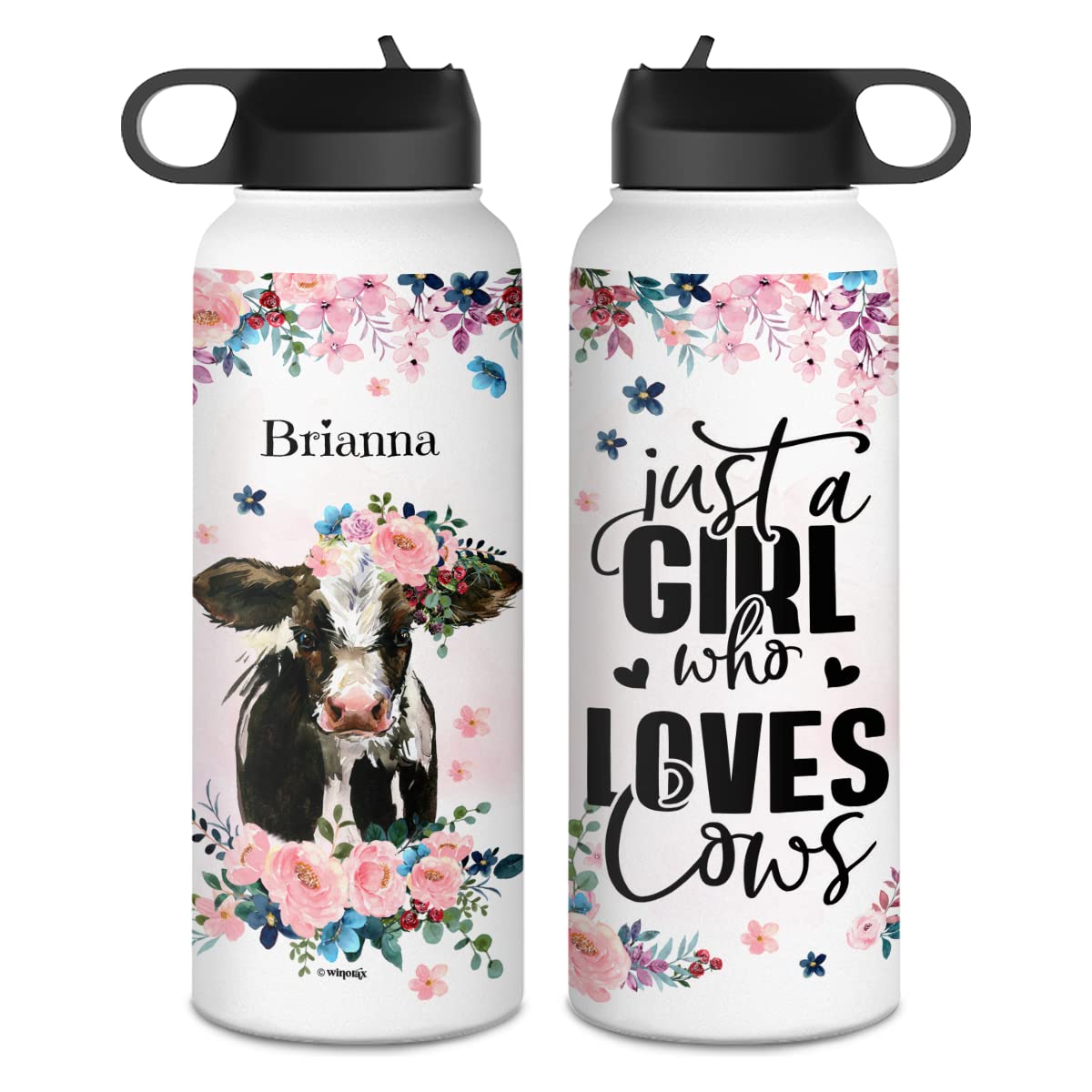 winorax Cow Water Bottle Personalized Cows Sports Stainless Steel Insulated Sport Bottles 32oz 18oz 12oz Birthday Christmas Customized Gifts For Animal Lover Women Girls Custom Name