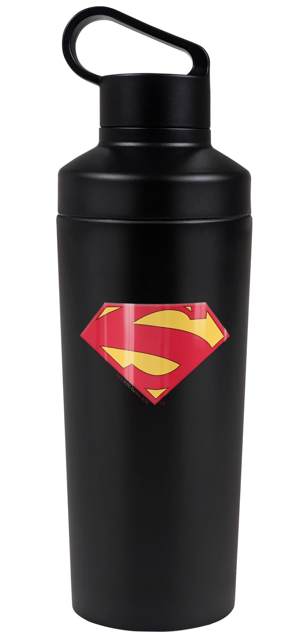 Superman OFFICIAL Superman New 52 Shield Logo Pattern 18 oz Insulated Water Bottle, Leak Resistant, Vacuum Insulated Stainless Steel with 2-in-1 Loop Cap