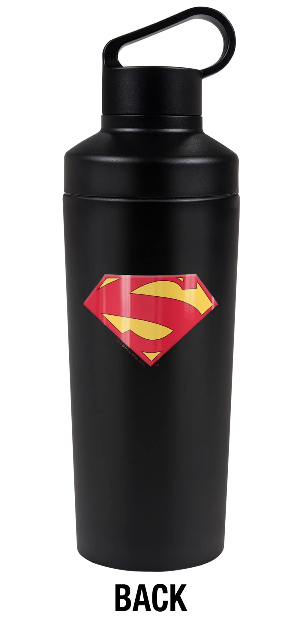 Superman OFFICIAL Superman New 52 Shield Logo Pattern 18 oz Insulated Water Bottle, Leak Resistant, Vacuum Insulated Stainless Steel with 2-in-1 Loop Cap