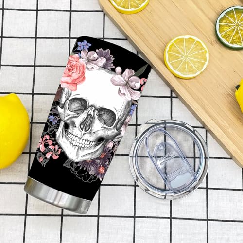 Skull Flower Gifts 20 oz Tumbler Cup with Lid, Vacuum Insulated Tumblers Mug for Birthday Festival Gifts for Men Women