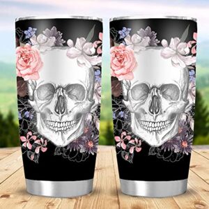 Skull Flower Gifts 20 oz Tumbler Cup with Lid, Vacuum Insulated Tumblers Mug for Birthday Festival Gifts for Men Women