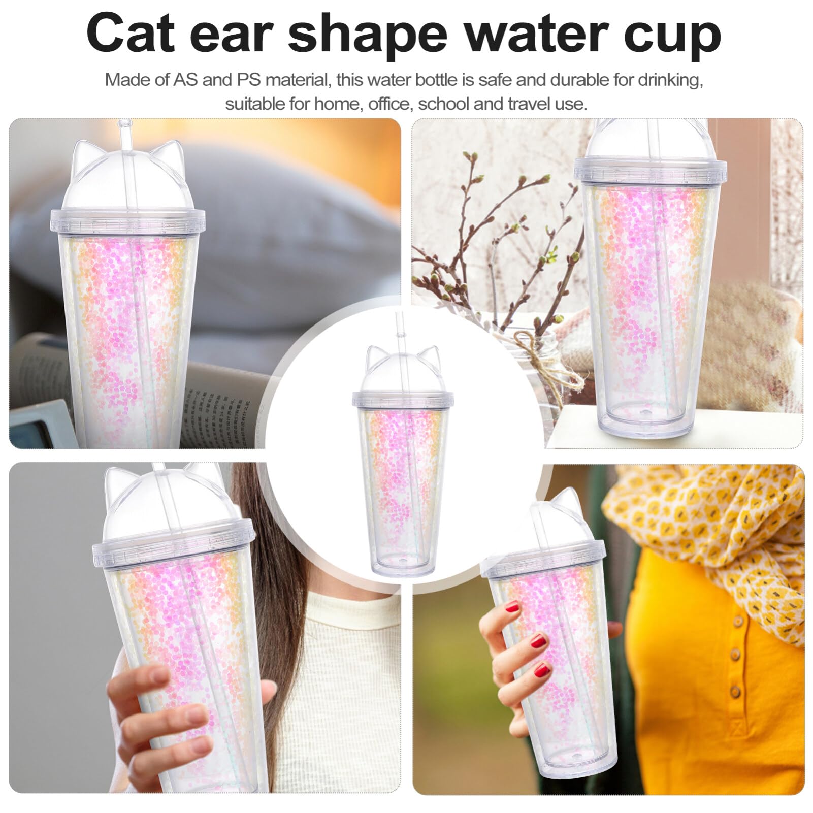 Tumbler Cup Water Bottles with Straw Dome Cups Reusable Cat Ear Bottle Double Walled Cup Water Cup Fashion Portable Glitter Straw Cup Sequin Cup Insulated Travel Coffee Mug Clear Water Bottles