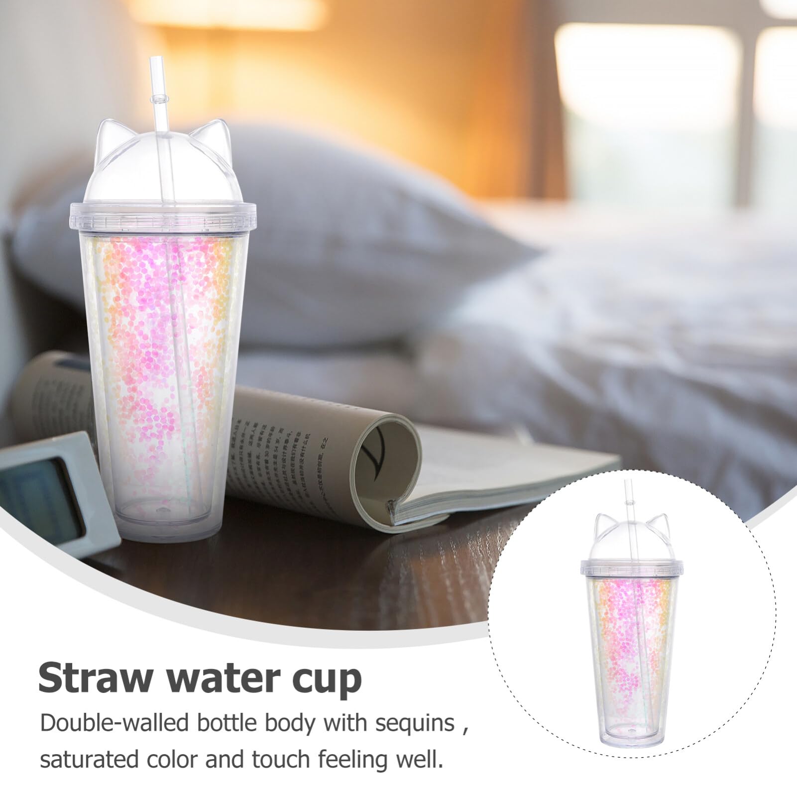 Tumbler Cup Water Bottles with Straw Dome Cups Reusable Cat Ear Bottle Double Walled Cup Water Cup Fashion Portable Glitter Straw Cup Sequin Cup Insulated Travel Coffee Mug Clear Water Bottles