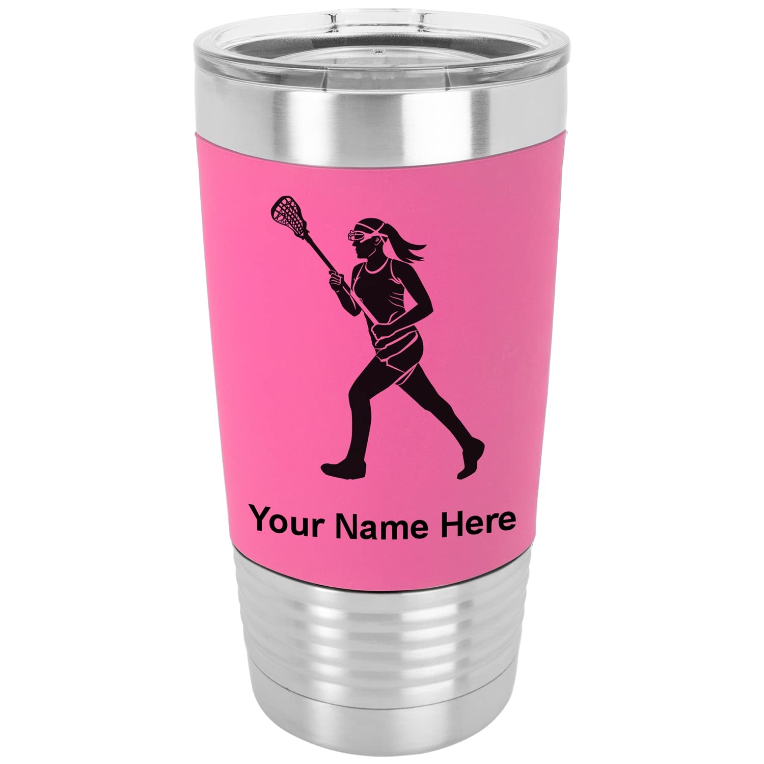 20oz Vacuum Insulated Tumbler Mug, Lacrosse Player Woman, Personalized Engraving Included (Silicone Grip, Pink)