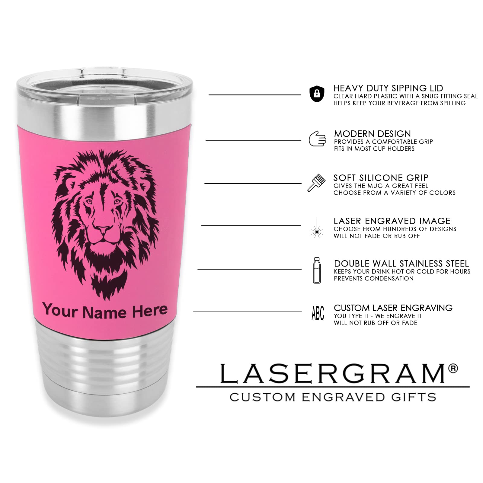 20oz Vacuum Insulated Tumbler Mug, Lacrosse Player Woman, Personalized Engraving Included (Silicone Grip, Pink)