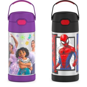 thermos funtainer 12 ounce stainless steel vacuum insulated kids straw water bottles | encanto and spider-man