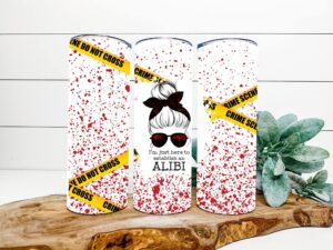 alibi, true crime, blood splatter, crime scene tape, murderino, hot/cold travel stainless steel tumbler