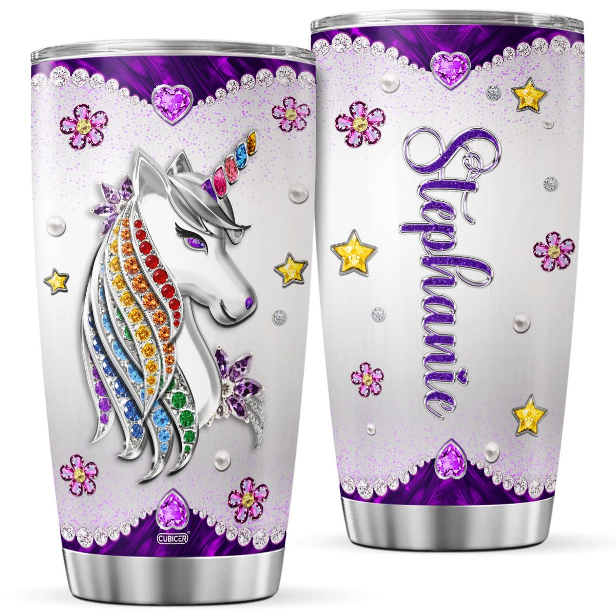 CUBICER Personalized Coffee Tumbler Unicorn Jewelry Style Custom Name Valentines Gifts For Girls Women Cute Insulated Cup Travel Mug With Lid Stainless Steel Tumblers Hot And Cold