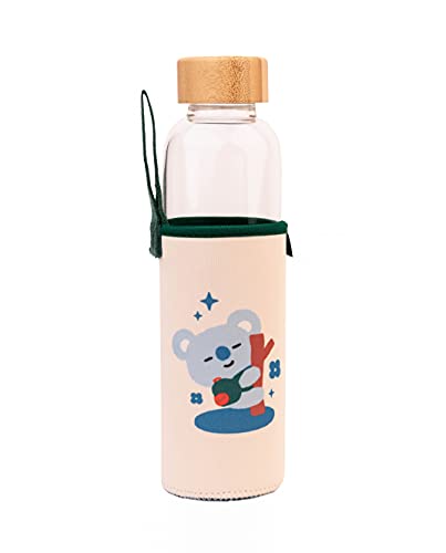 Grupo Erik BT21 Official Merchandise Koya Glass Water Bottle - 500ml / 17oz - Glass Bottle - Hot&Cold Water Bottle - Water Bottle 500ml - BT21 Merchandise - BT21 Koya - Kawaii Water Bottle