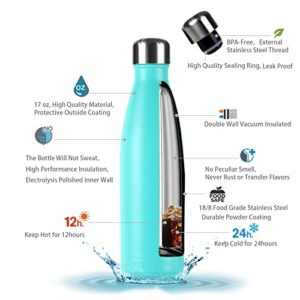 Aurbhosa 17oz Insulated Water Bottle Stainless Steel Water Bottle Double Walled Metal Sports Water Bottle Vacuum Cola Shape Thermos 24 Hours Cold 12 Hours Hot Leak-Proof Sports Flask, Light Blue