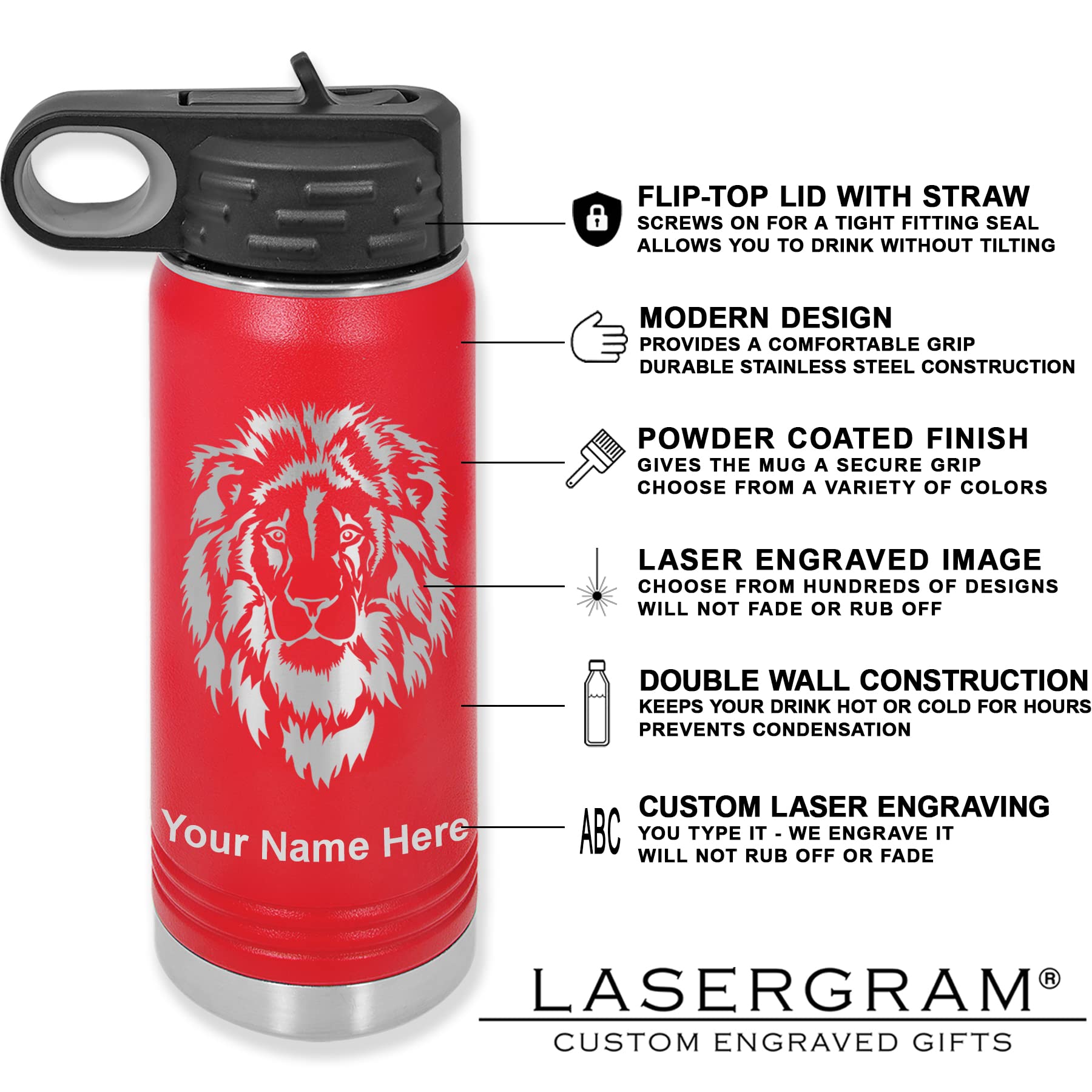 LaserGram 20oz Double Wall Flip Top Water Bottle With Straw, Softball Player Woman, Personalized Engraving Included (Red)