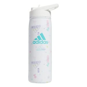 adidas 600 ml (20 oz) straw top metal water bottle, hot/cold double-walled insulated 18/8 stainless steel, icon brand love white/white/flash aqua blue, one size