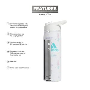 adidas 600 Ml (20 Oz) Straw Top Metal Water Bottle, Hot/Cold Double-Walled Insulated 18/8 Stainless Steel, Icon Brand Love White/White/Flash Aqua Blue, One Size