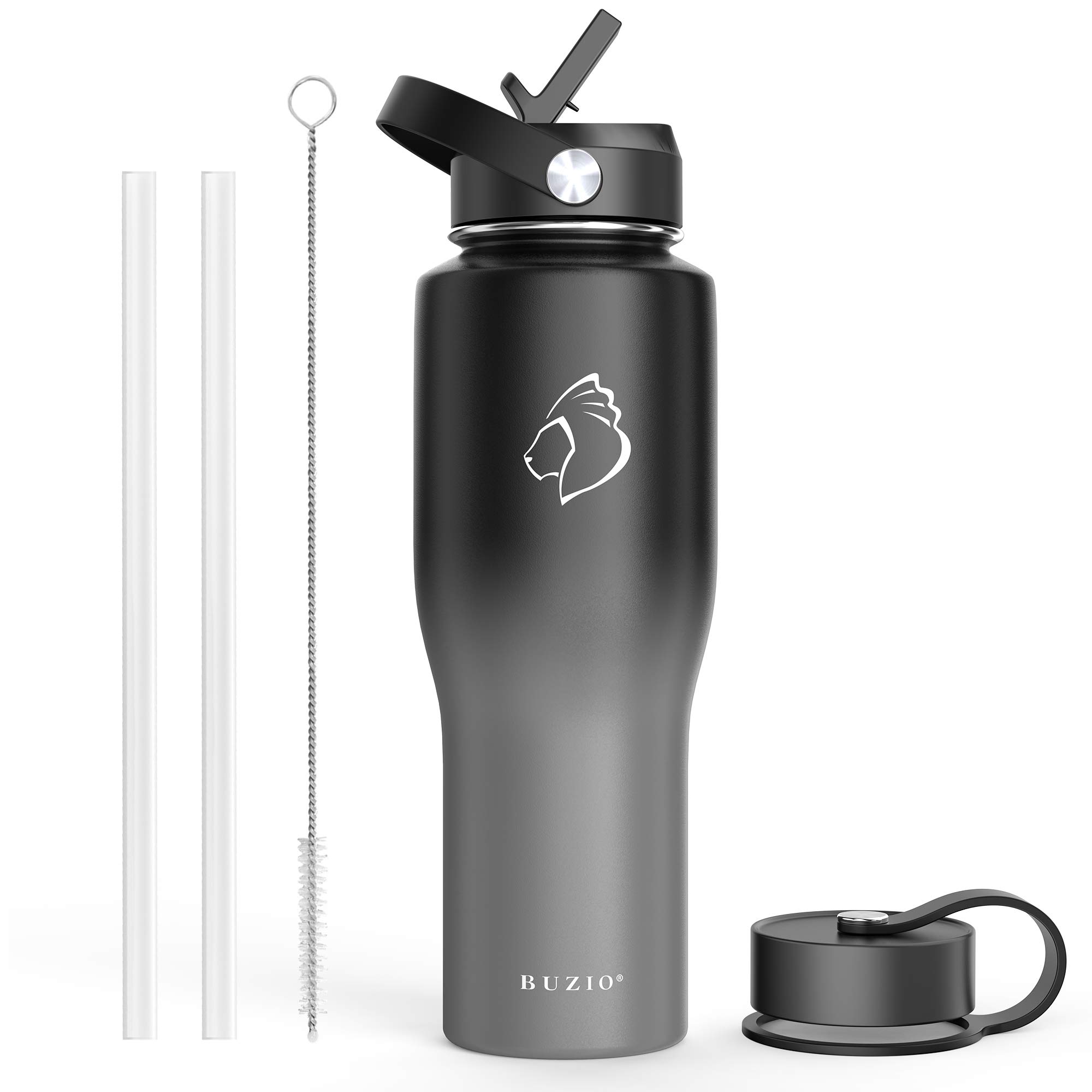 BUZIO 32oz 40 oz Insulated Water Bottle Tumbler Travel Flask Metal Canteen with Straw Lid and Flex Cap, Fits in Any Car Cup Holders Keep Cold for 48 Hrs, Hot for 24 Hrs