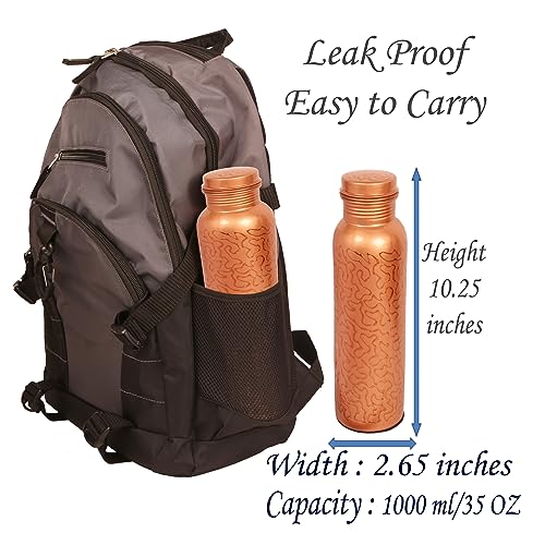 INDTRESOR Pure Copper Water Bottle - Handcrafted - Ayurveda health benefits - Large 35 oz - Leak proof - Easy to carry for Sports, Fitness, Yoga, School -Glade Pattern Natural Copper Finish