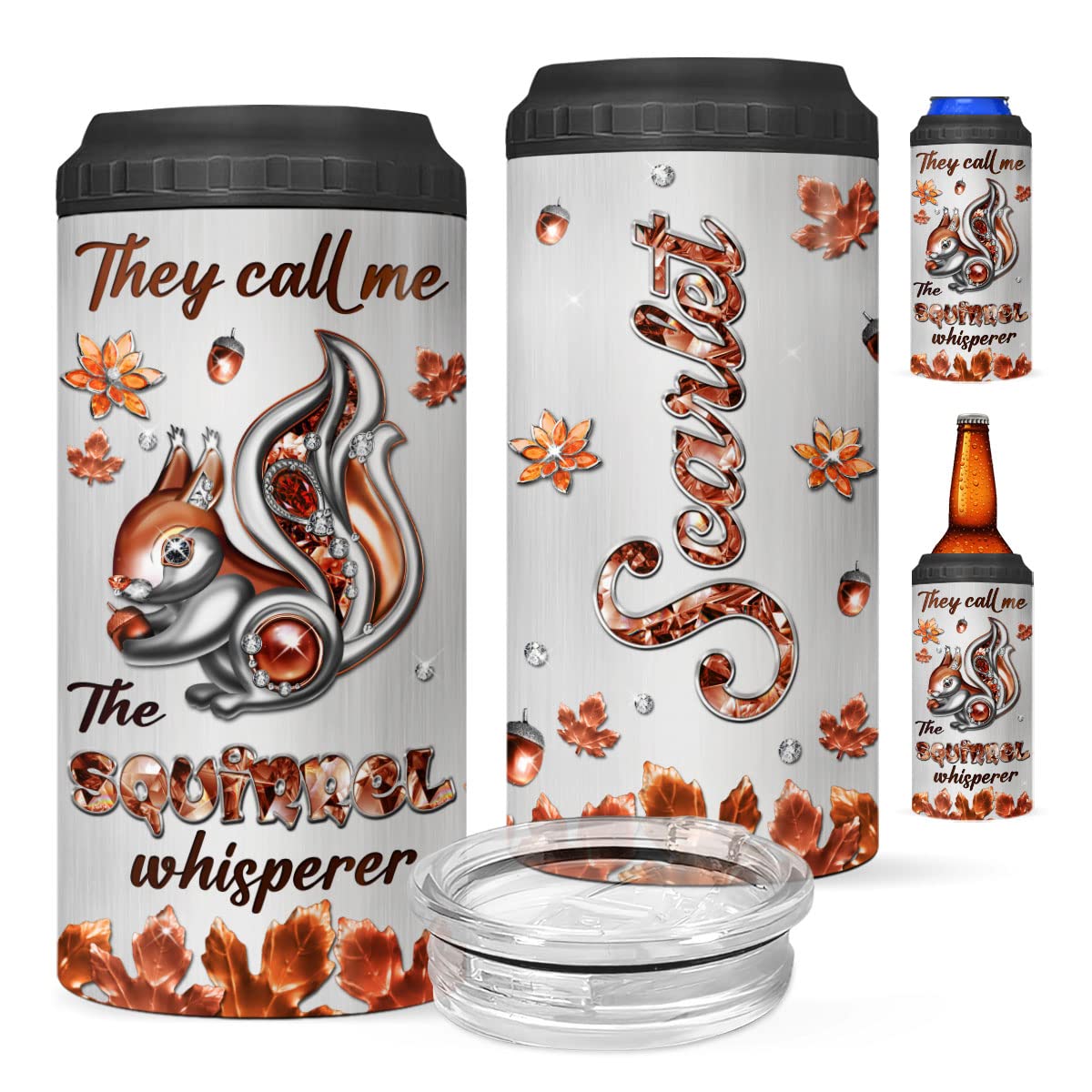 ZOXIX Personalized Can Cooler They Call Me The Squirrel Whisperer Customized Gifts For Women Cute Animal Print Cup Stainless Steel Insulated Can Holder Travel Tumbler 16oz 4-in-1