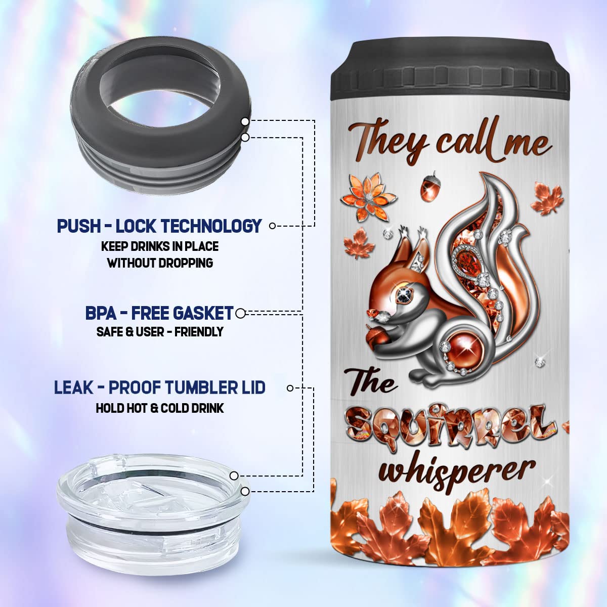 ZOXIX Personalized Can Cooler They Call Me The Squirrel Whisperer Customized Gifts For Women Cute Animal Print Cup Stainless Steel Insulated Can Holder Travel Tumbler 16oz 4-in-1