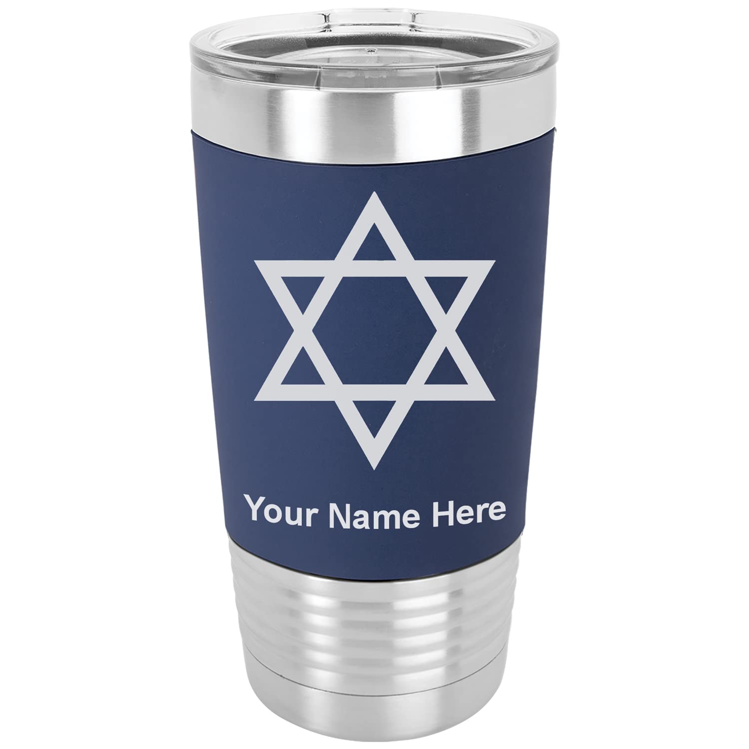 LaserGram 20oz Vacuum Insulated Tumbler Mug, Star of David, Personalized Engraving Included (Silicone Grip, Navy Blue)