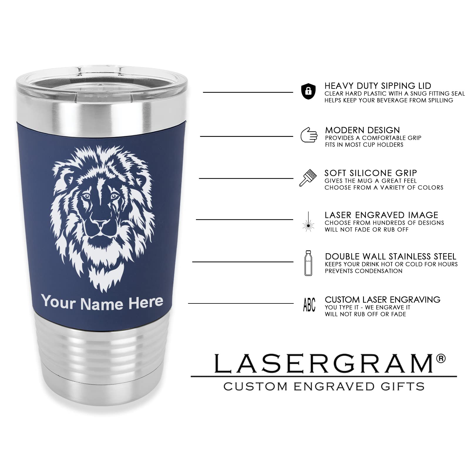 LaserGram 20oz Vacuum Insulated Tumbler Mug, Star of David, Personalized Engraving Included (Silicone Grip, Navy Blue)