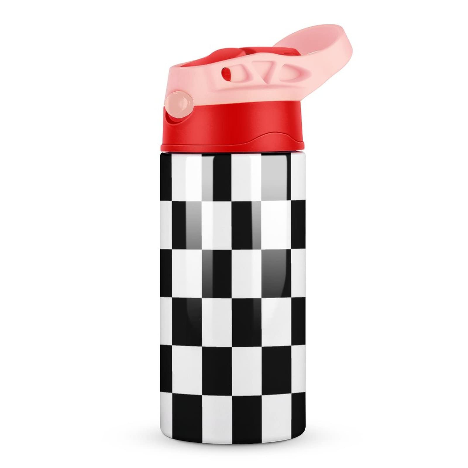 White Black Checkered Water Bottle Stainless Steel Water Cup Coffee Mug with Straw for Home Sports Travel Pink-Style