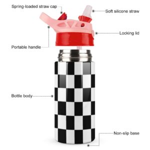 White Black Checkered Water Bottle Stainless Steel Water Cup Coffee Mug with Straw for Home Sports Travel Pink-Style