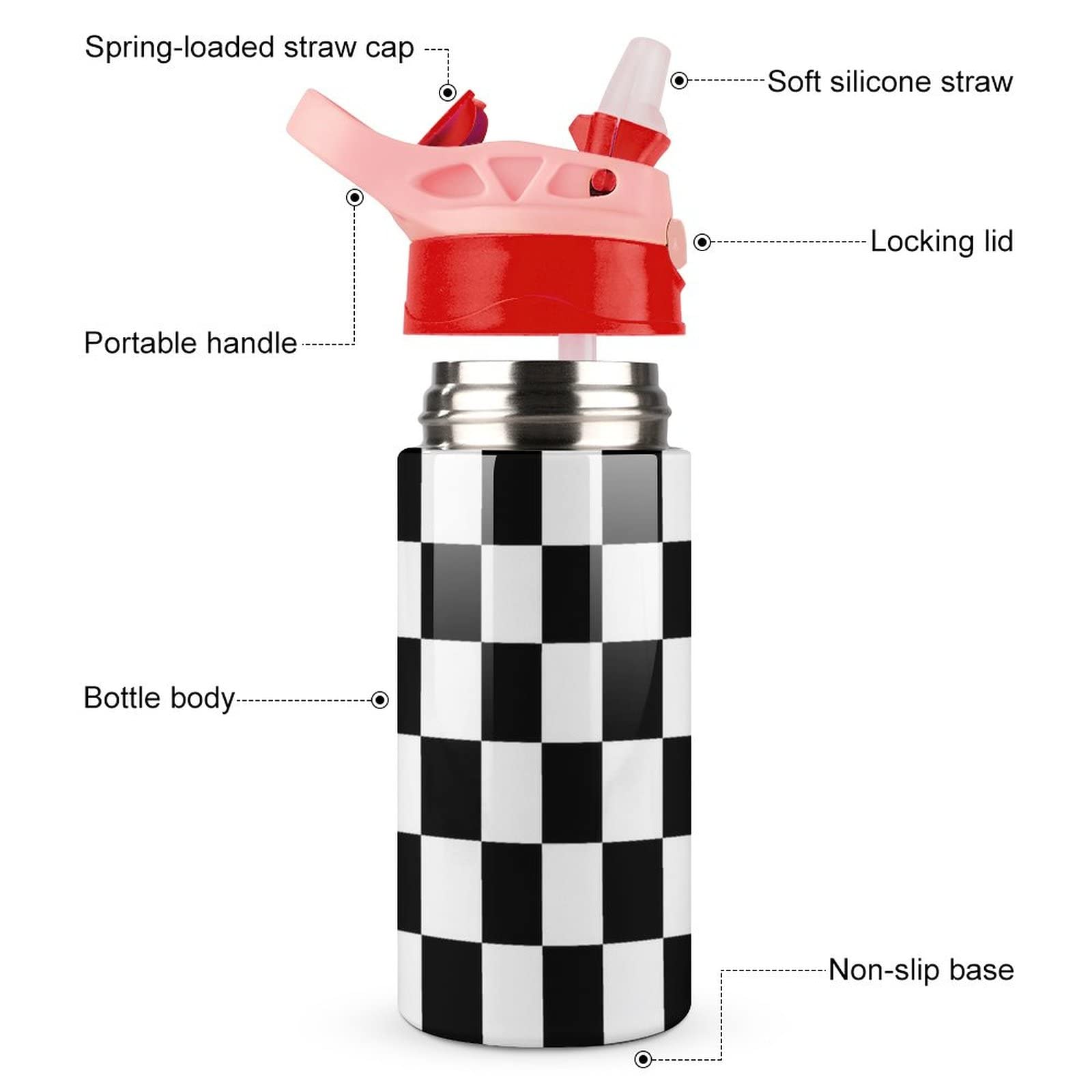 White Black Checkered Water Bottle Stainless Steel Water Cup Coffee Mug with Straw for Home Sports Travel Pink-Style