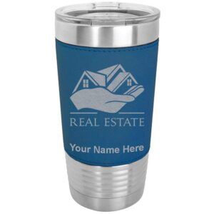 lasergram 20oz vacuum insulated tumbler mug, real estate, personalized engraving included (faux leather, blue)