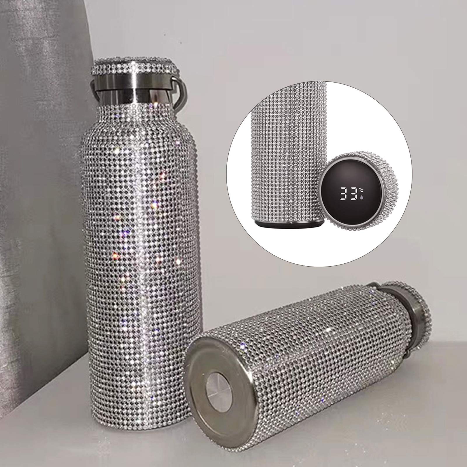 ZTGD Diamond Sparkling Bottle,Insulated Water Bottle 12/17/25oz Sparkling Rhinestone Stainless Steel Thermal Bottle (750ml) Vacuum Cup Flask Bottle Drinking Kettle Silver 500ml