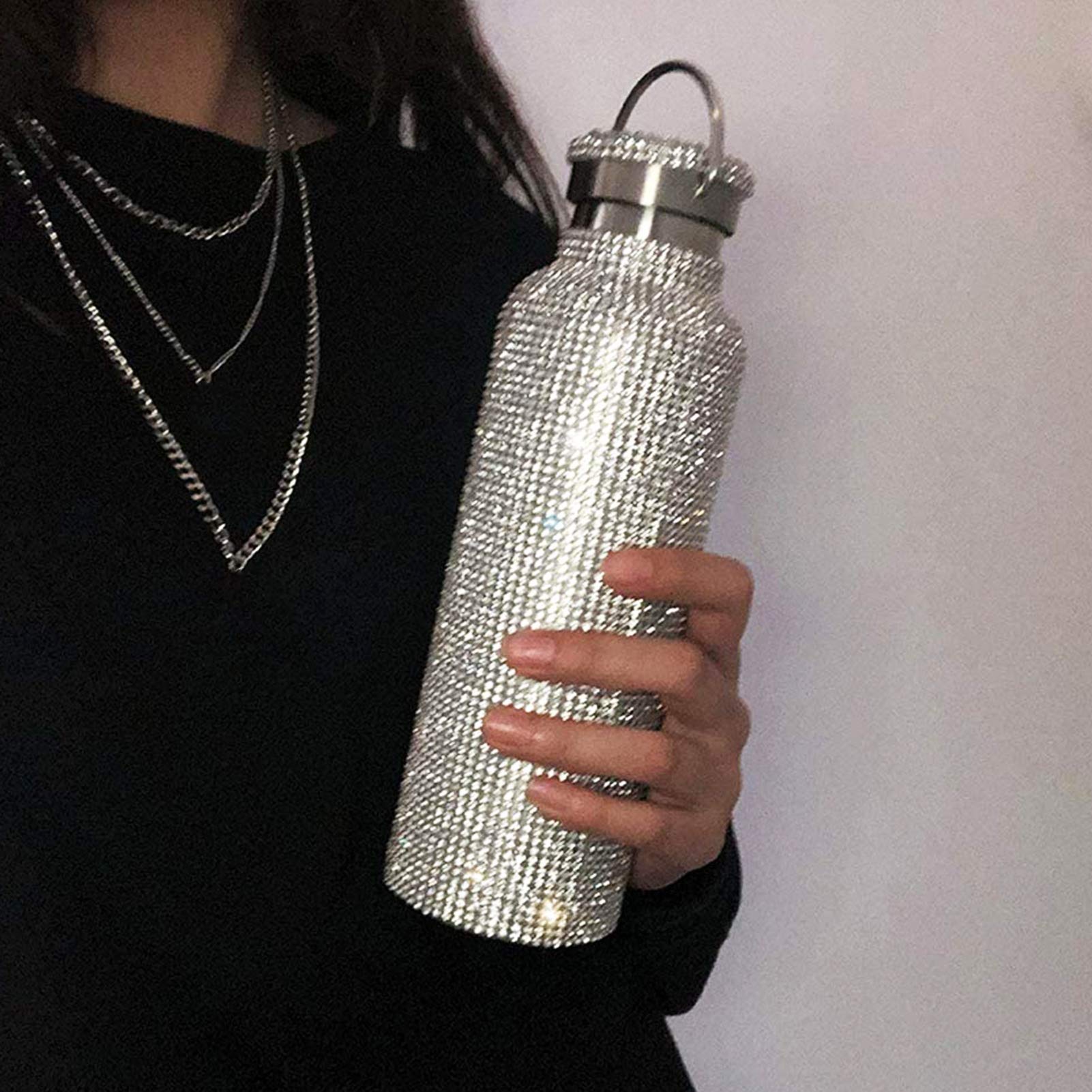 ZTGD Diamond Sparkling Bottle,Insulated Water Bottle 12/17/25oz Sparkling Rhinestone Stainless Steel Thermal Bottle (750ml) Vacuum Cup Flask Bottle Drinking Kettle Silver 500ml