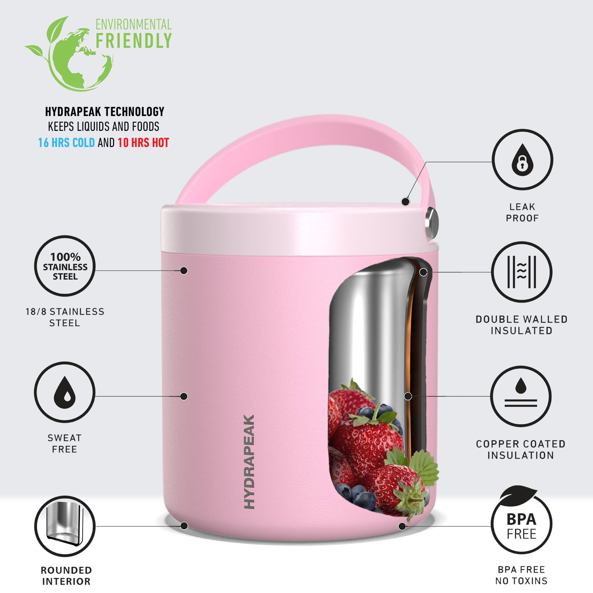 Hydrapeak 25oz Stainless Steel Vacuum Insulated Thermos Food Jar | Kids Thermos for Hot Food and Cold Food, Wide Mouth Leak-Proof Soup Thermos for Adults, 10 Hours Hot and 16 Hours Cold (Pink)