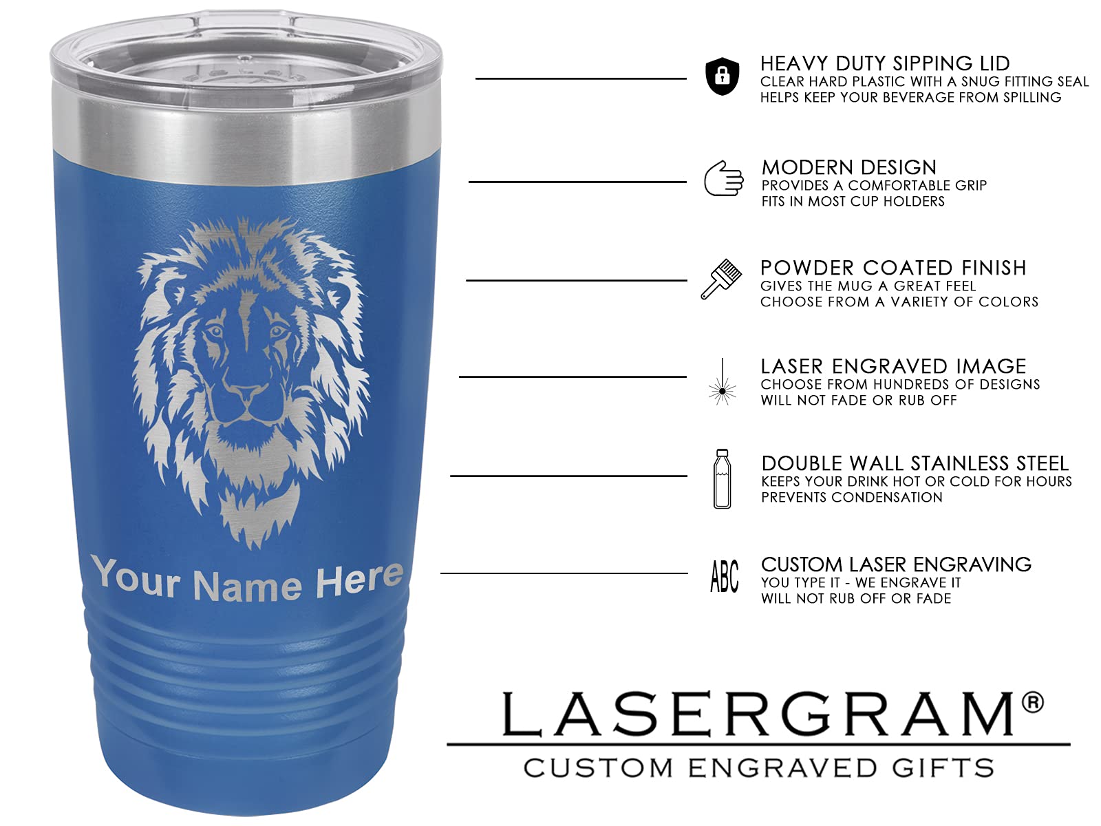 LaserGram 20oz Vacuum Insulated Tumbler Mug, Lion Head, Personalized Engraving Included (Dark Blue)