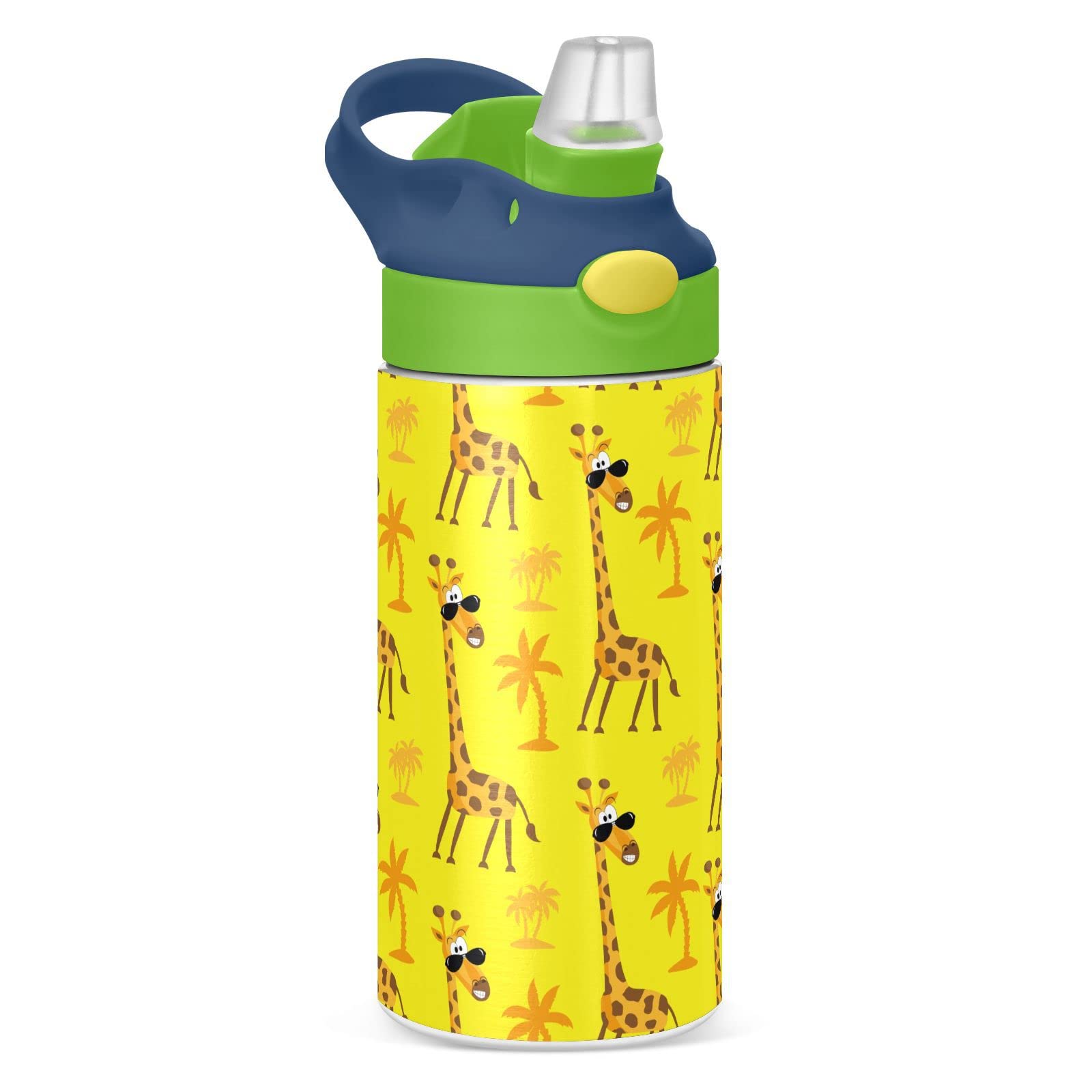 ALAZA Cute Cartoon Giraffe on Yellow Background Kids Water Bottles with Lids Straw Insulated Stainless Steel Water Bottles Double Walled Leakproof Tumbler Travel Cup for Girls Boys Toddlers 12 oz / 35