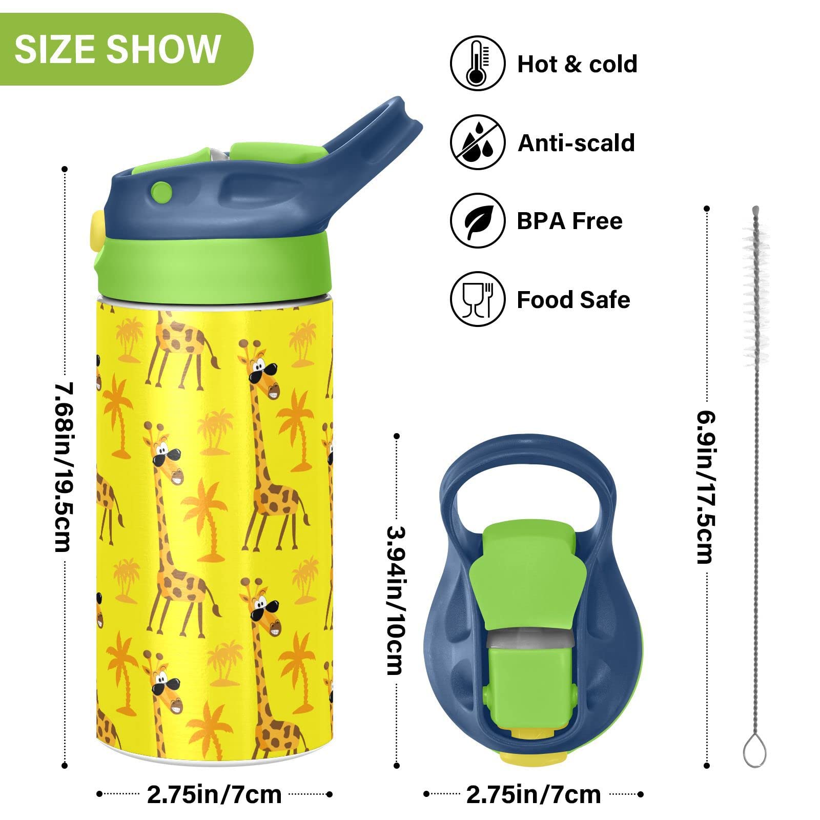 ALAZA Cute Cartoon Giraffe on Yellow Background Kids Water Bottles with Lids Straw Insulated Stainless Steel Water Bottles Double Walled Leakproof Tumbler Travel Cup for Girls Boys Toddlers 12 oz / 35